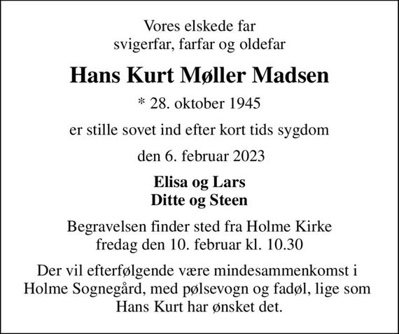 Hans Kurt Møller Madsen | Dødsannoncer i Danmark
