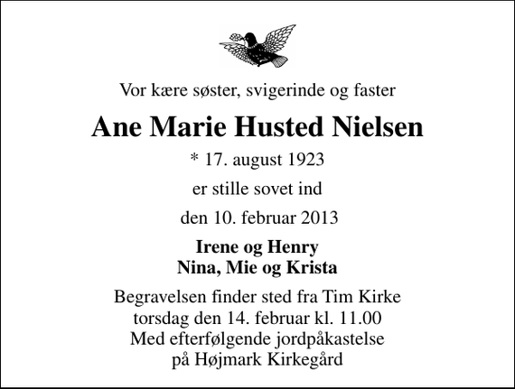 Ane Marie Husted Nielsen | Dødsannoncer i Danmark
