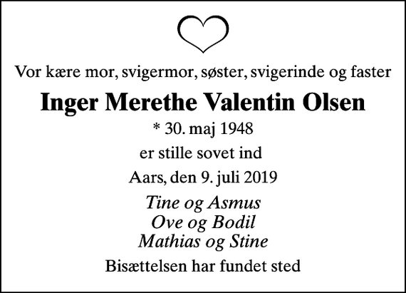 Inger Merethe Valentin Olsen | Dødsannoncer i Danmark