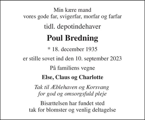 Poul Erik Bredning | Dødsannoncer i Danmark