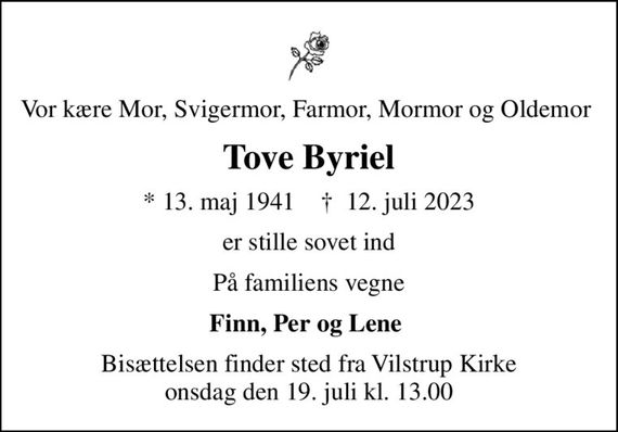 Tove Byriel | Dødsannoncer i Danmark