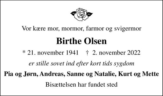 Birthe Olsen | Dødsannoncer i Danmark