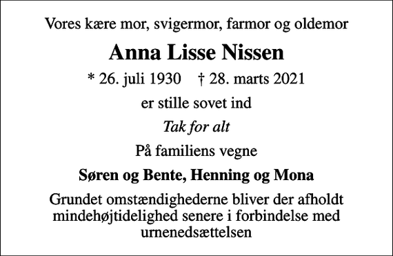 Anna Lisse Nissen | Dødsannoncer i Danmark