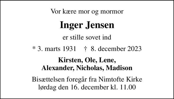 Inger Jensen | Dødsannoncer i Danmark