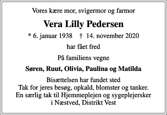 Vera Lilly Pedersen | Dødsannoncer i Danmark