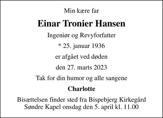 Einar Tronier Hansen | Dødsannoncer i Danmark