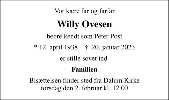 Willy Ovesen | Dødsannoncer i Danmark