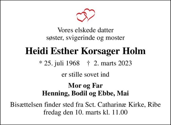 Heidi Esther Korsager Holm | Dødsannoncer i Danmark