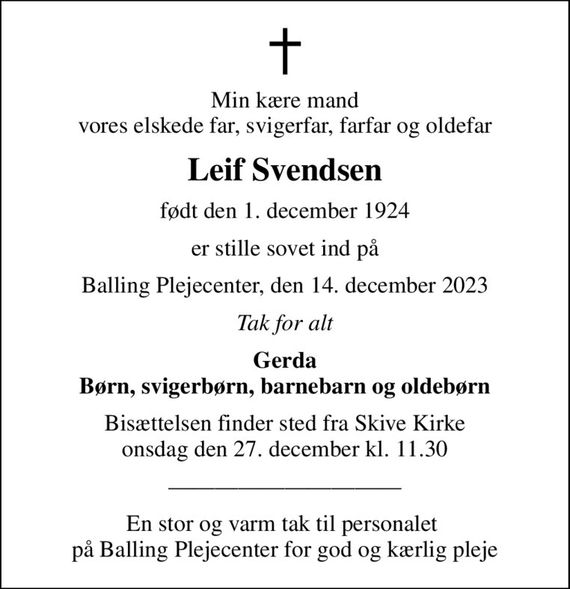 Leif Svendsen | Dødsannoncer i Danmark