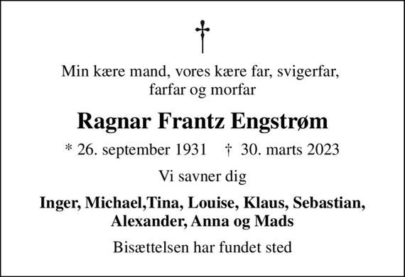 Ragnar Frantz Engstrøm | Dødsannoncer i Danmark