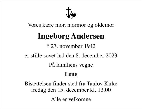 Ingeborg Andersen | Dødsannoncer i Danmark