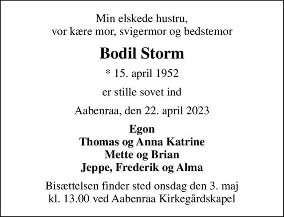 Bodil Storm | Dødsannoncer i Danmark