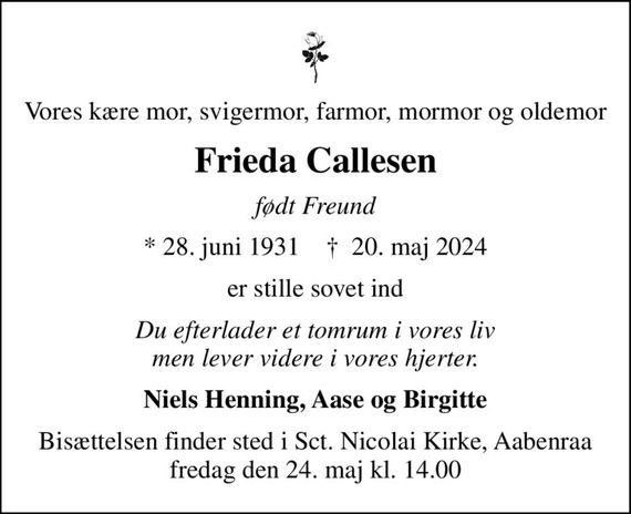 Frieda Callesen | Dødsannoncer i Danmark