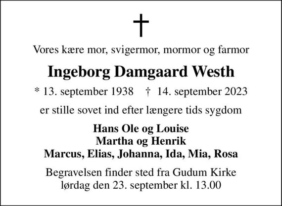 Ingeborg Damgaard Westh | Dødsannoncer i Danmark