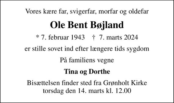 Ole Bent Bøjland | Dødsannoncer i Danmark