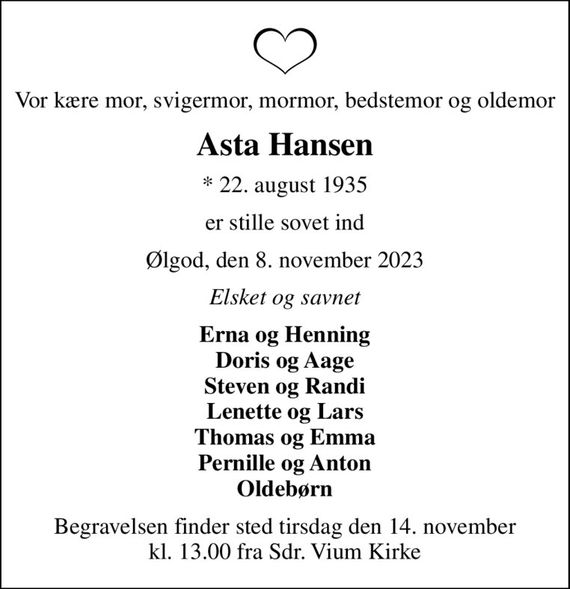 Asta Hansen | Dødsannoncer i Danmark