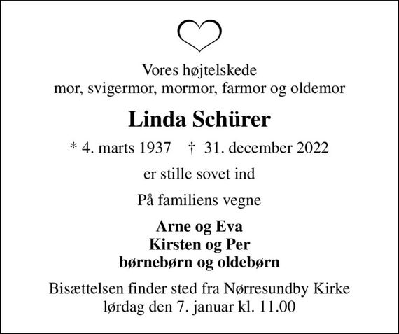 Edith Linda Schürer | Dødsannoncer i Danmark