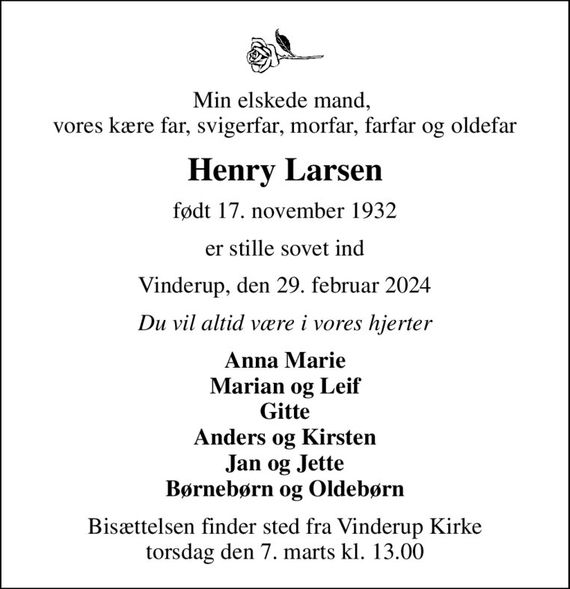 Henry Larsen | Dødsannoncer i Danmark