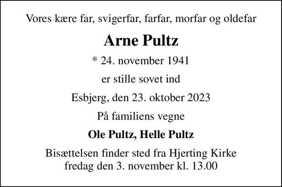 Arne Pultz | Dødsannoncer i Danmark