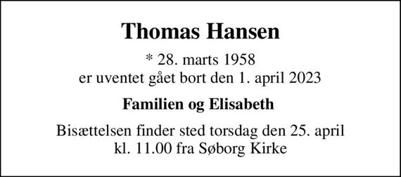 Thomas Hansen | Dødsannoncer i Danmark