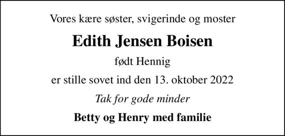 Edith Jensen Boisen | Dødsannoncer i Danmark