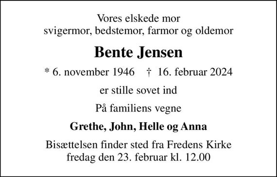 Bente Jensen | Dødsannoncer i Danmark