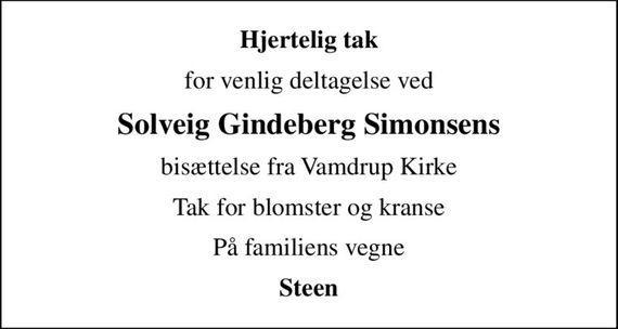 Solveig Gindeberg Simonsen | Dødsannoncer i Danmark