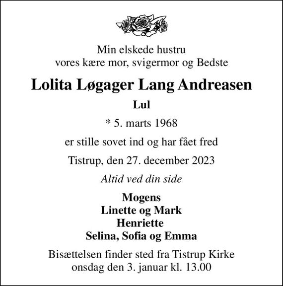 Lolita Løgager Lang Andreasen | Dødsannoncer i Danmark