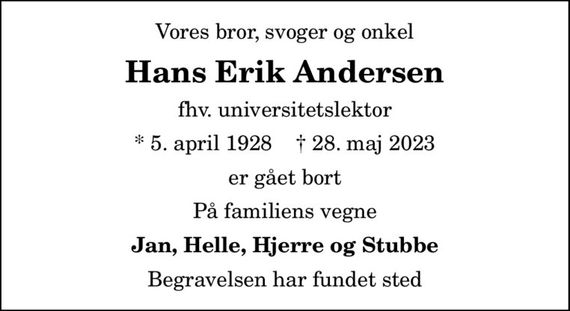 Hans Erik Andersen | Dødsannoncer i Danmark