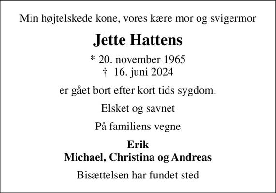 Jette Hattens | Dødsannoncer i Danmark