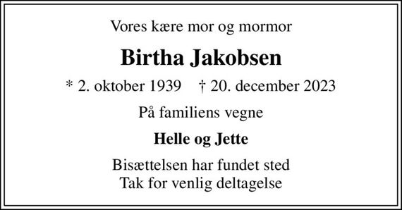 Birtha Jensine Kristoffersen Jakobsen | Dødsannoncer i Danmark