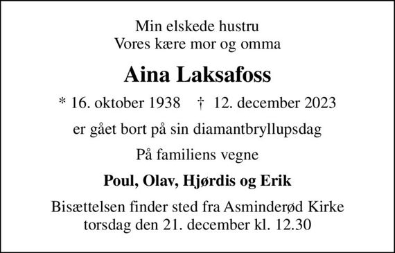 Aina Laksafoss | Dødsannoncer i Danmark