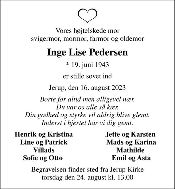 Inge Lise Pedersen | Dødsannoncer i Danmark