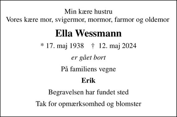 Ella Wessmann | Dødsannoncer i Danmark