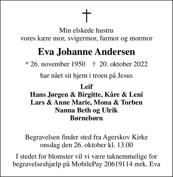 Eva Johanne Andersen | Dødsannoncer i Danmark