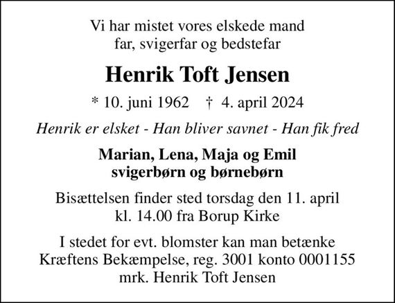 Henrik Toft Jensen | Dødsannoncer i Danmark