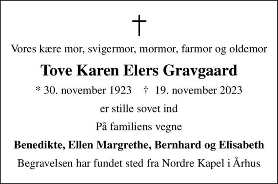 Tove Karen Elers Gravgaard | Dødsannoncer i Danmark