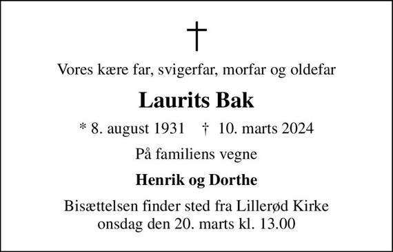 Jens Laurits Bak | Dødsannoncer i Danmark