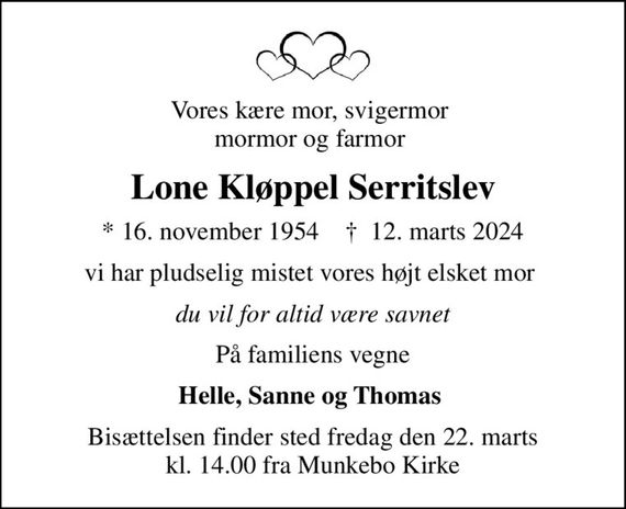 Lone Kløppel Serritslev | Dødsannoncer i Danmark