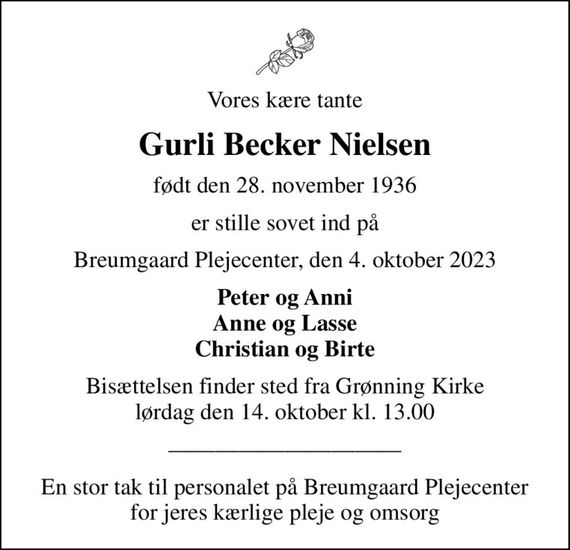 Gurli Becker Nielsen | Dødsannoncer i Danmark