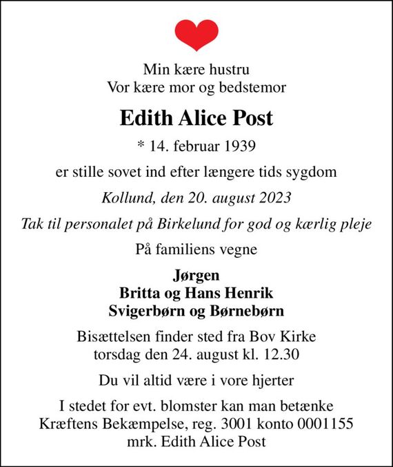 Edith Alice Post | Dødsannoncer i Danmark