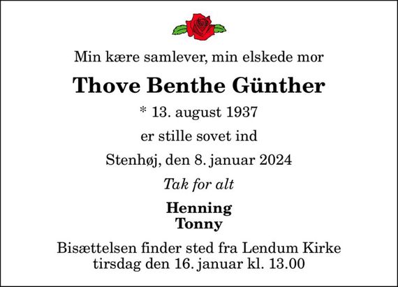 Thove Benthe Günther | Dødsannoncer i Danmark