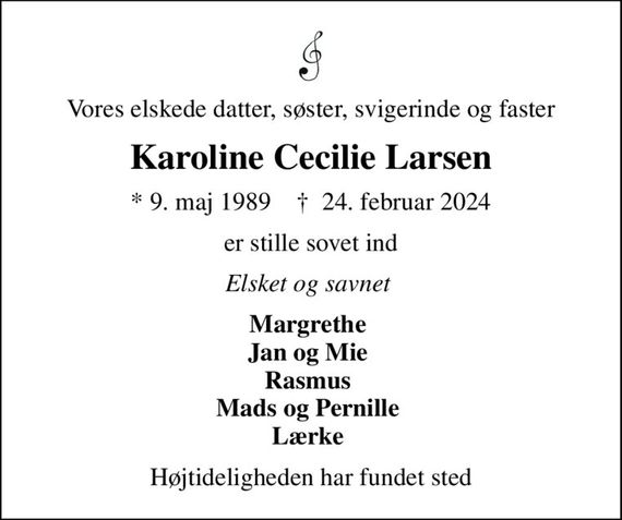 Karoline Cecilie Larsen | Dødsannoncer i Danmark