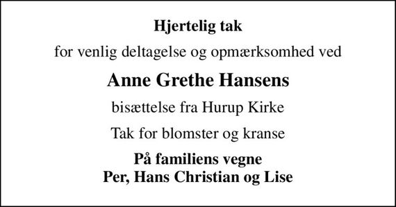 Anne Grethe Hansen | Dødsannoncer i Danmark