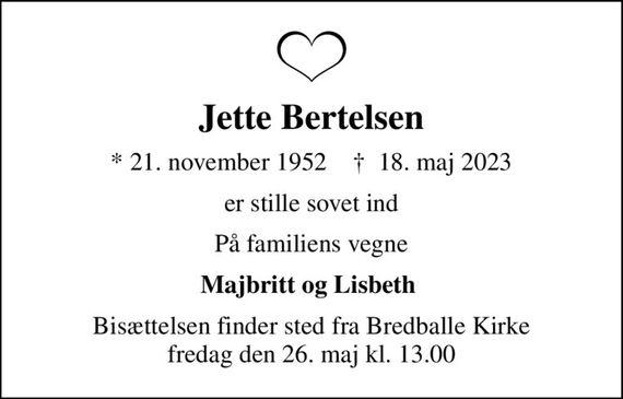 Jette Bertelsen | Dødsannoncer i Danmark