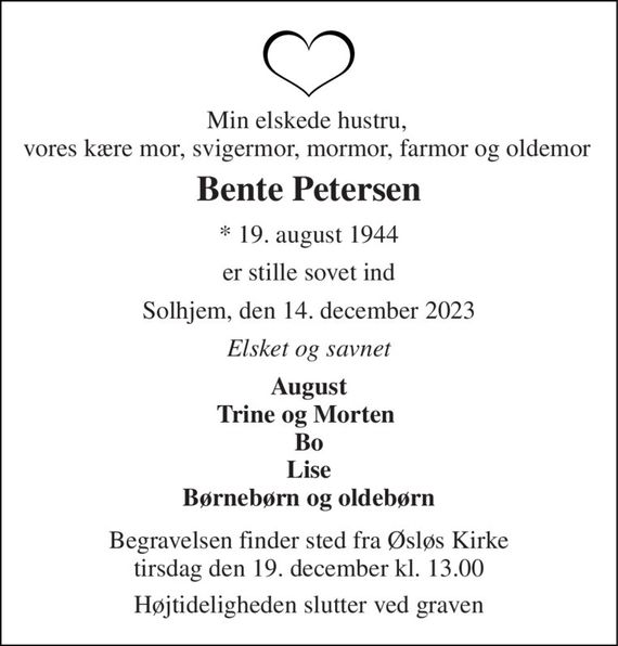 Bente Petersen | Dødsannoncer i Danmark