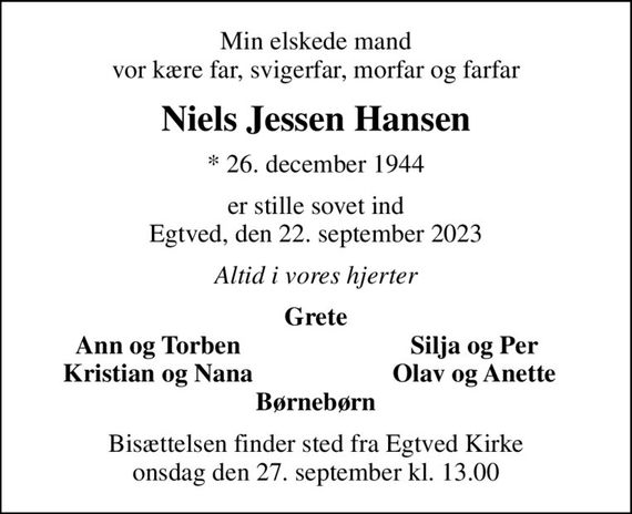 Niels Jessen Hansen | Dødsannoncer i Danmark