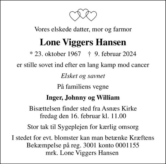 Lone Viggers Hansen | Dødsannoncer i Danmark
