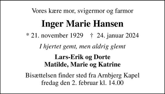 Inger Marie Hansen | Dødsannoncer i Danmark