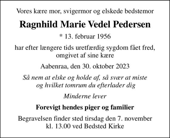 Ragnhild Marie Pedersen | Dødsannoncer i Danmark